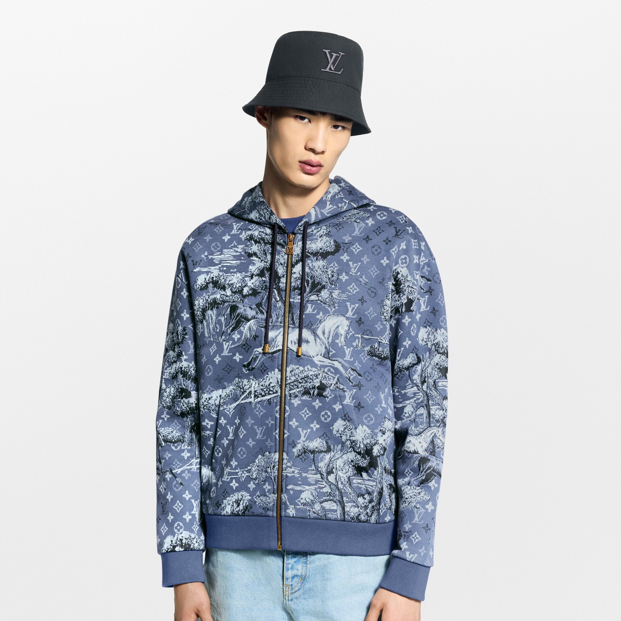 Felpa con cappuccio, zip e motivo Monogram in trama jacquard ...