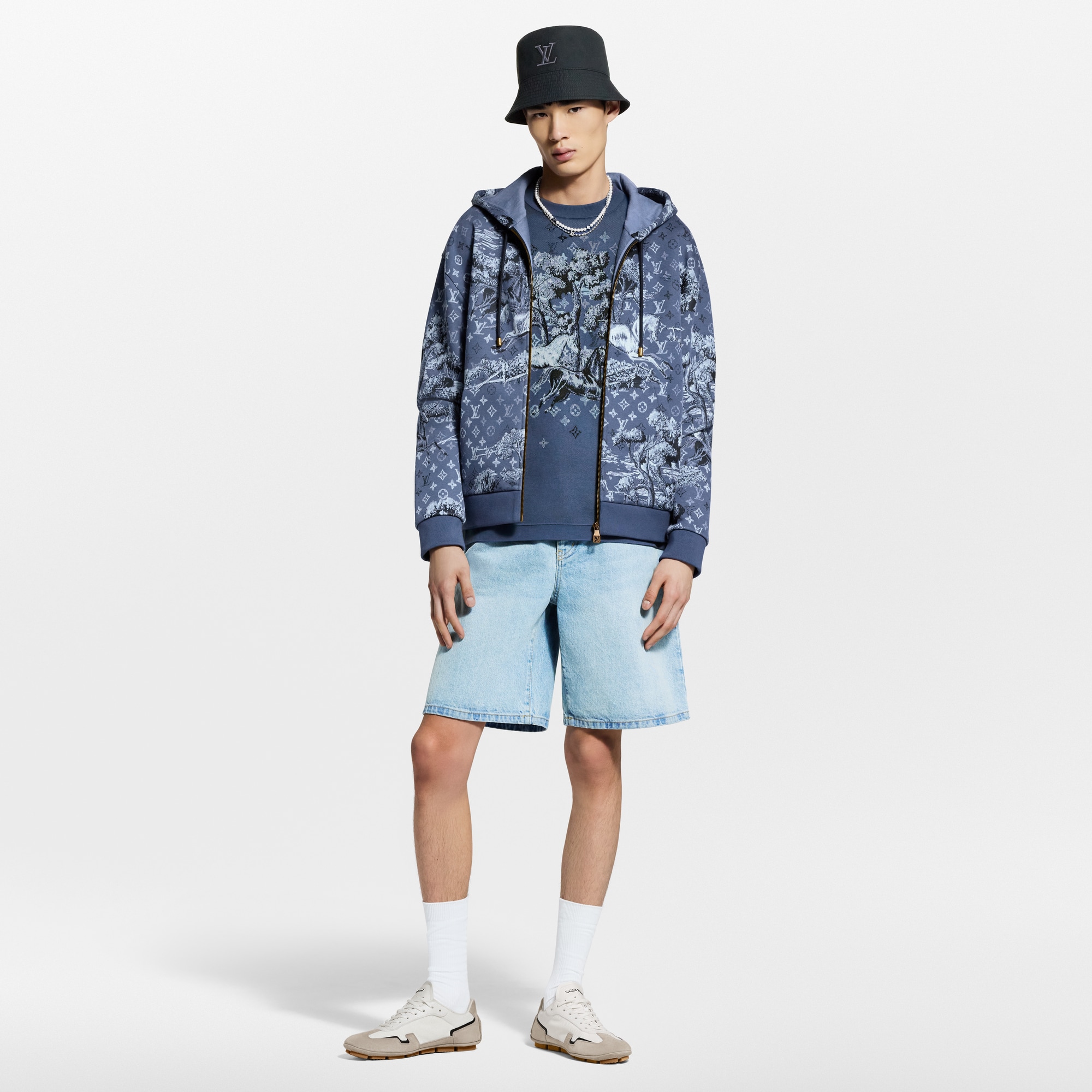 Felpa con cappuccio, zip e motivo Monogram in trama jacquard ...